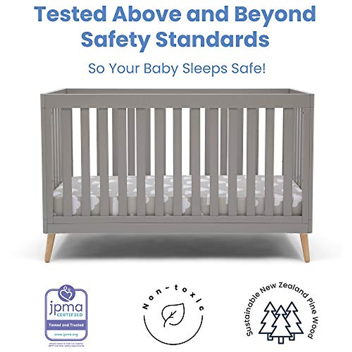 Delta Children Essex 4-in-1 Convertible Baby Crib, Grey with Natural Legs + Delta Children Twinkle Galaxy Dual Sided Recycled Fiber Core Crib and Toddler Mattress (Bundle)