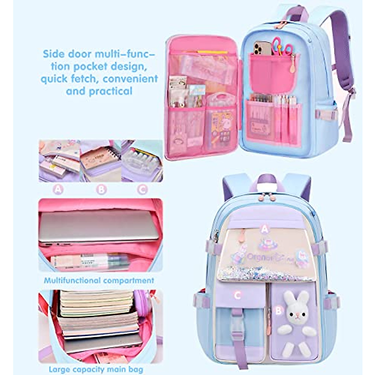 MCWTH School Backpack for Girls, Lightweight Waterproof Cute Bunny School Bookbag for Teen Kids Students Elementary (Rabbit Blue)