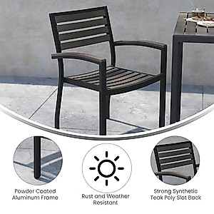 Flash Furniture Lark Set of 2 Stackable Aluminum Patio Chairs - All-Weather Black Framed Side Chairs with Gray Wash Faux Teak Slats - Commercial Grade