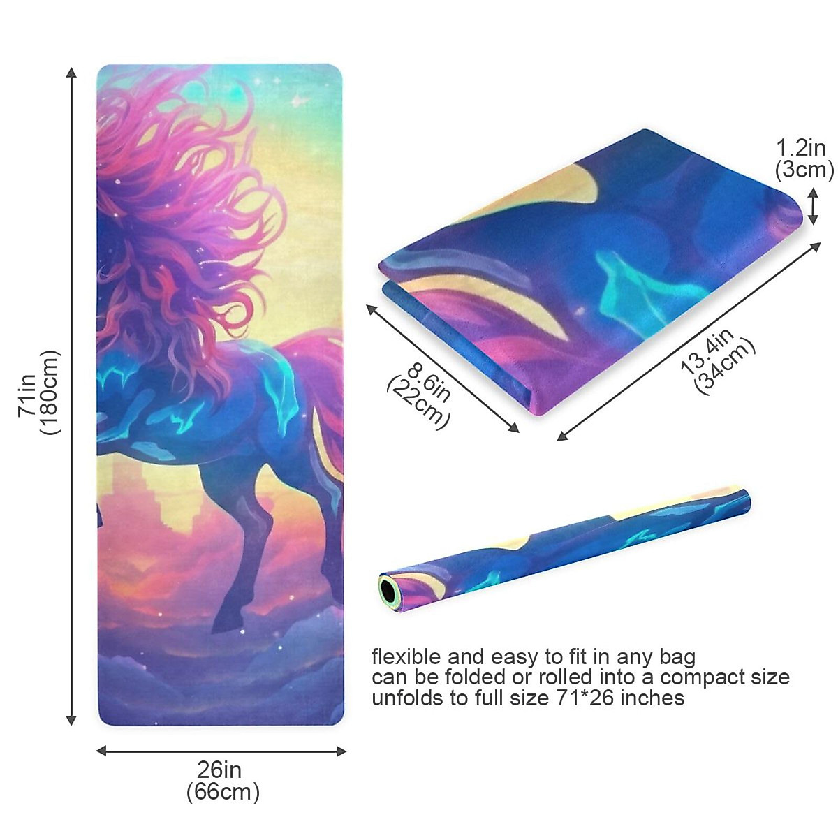GOODOLD Rainbow Unicorn Yoga Mat, 71 x 26 Inch Non-slip Yoga Mats Folding Travel Exercise Mat Indoor Outdoor Gym Pilates with Storage Bag for Women Men
