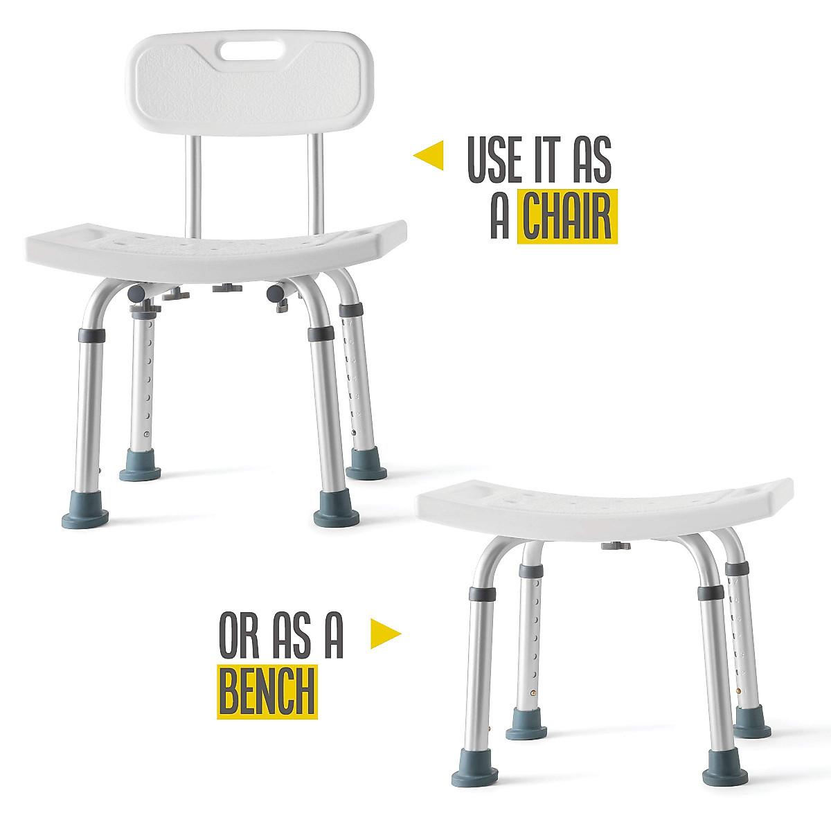 Shower Chair Set of 3 - Includes Back Scrubber & Additional Sponge - Anti Slip for Safety, with 8 Adjustable Heights Portable - Tool Free Shower Chair for Elderly - Bath Chair for Elderly