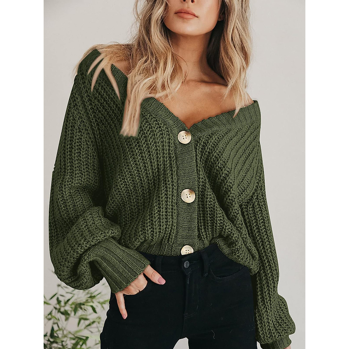 PRETTYGARDEN Women's Chunky Knit Open Front Sweater Long Sleeve Button Loose Short Cardigan Outerwear Coats (Army Green,X-Large)