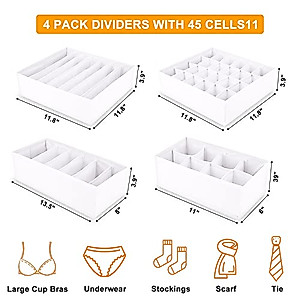 AzxecVcer 4 Set Sock Underwear Organizer,45 Cell Foldable Washable Odorless Fabric Drawer Organizers Storage Divider for Clothing, Baby Clothes, Bra, Panty, Socks, Scarf, Ties (White)