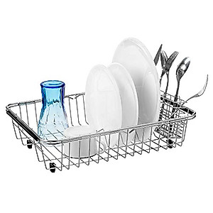 WEGAP Dish Drying Rack Over or in Sink, on Countertop with Wire Utensil Holder, Adjustable Handle Drying Dish Drainer Dish Rack, Storage Organizer for Kitchen,