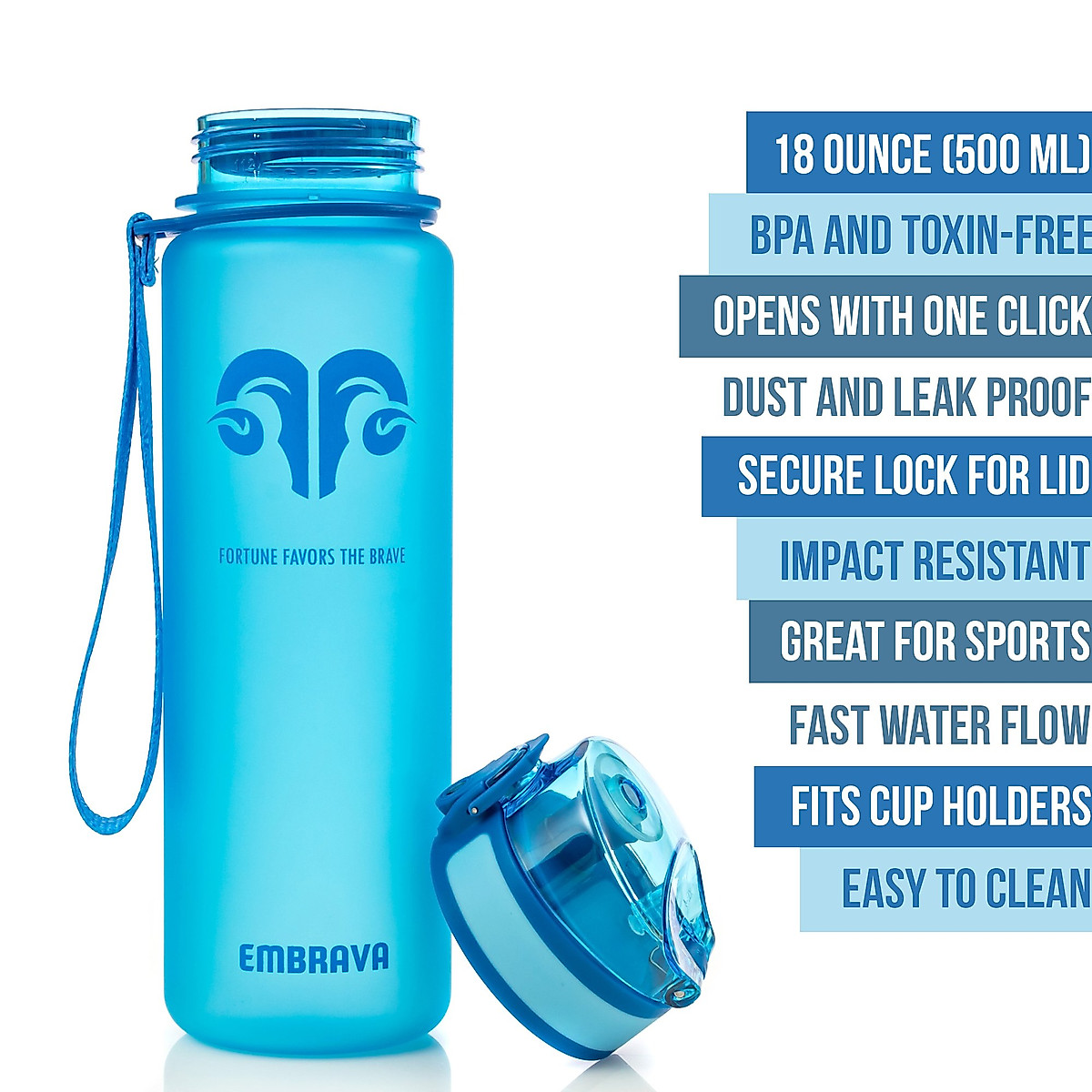 Embrava Best Sports Water Bottle - 17oz Small - Eco Friendly & BPA-Free Plastic - For Running, Gym, Yoga, Outdoors and Hiking - Fast Water Flow, Flip Top, Opens With 1-Click - Leak-proof Lid