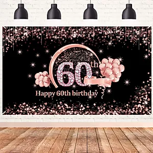 Lnlofen 60th Birthday Banner Decorations Backdrop for Women, Extra Large 60 Year Old Birthday Party Decor Supplies, Rose Gold Happy Sixty Birthday Sign Poster Photo Booth Props