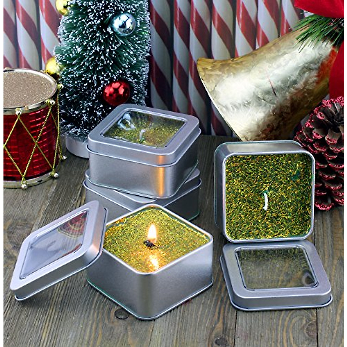 Cornucopia Square Silver Metal Tins w/View Window (12-Pack); Empty 1/2 Cup / 4-Ounce Capacity Clear Top Metal Boxes Great for Candles, Candies, Gifts