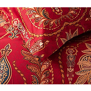 Italian Bohemian Paisley Duvet Cover 3pc Set Boho Bedding Boteh Damask Medallion 400TC Egyptian Cotton Sateen Luxury European Traditional Style Bed Linen (Red Teal, Queen)