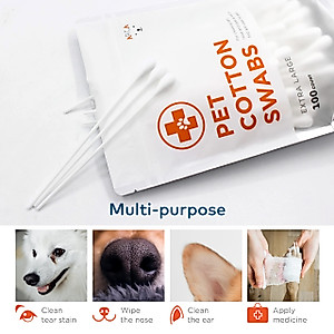 ARCA PET Cotton Swabs for Dogs and Cats - Cat & Dog Ear Cleaner Long Cotton Swab - Extra Large Cotton Head, Cat & Dog Ear Cleaning Kit for Puppies, Multipurpose Pet Cotton Swabs (Extra Large 100 Buds)