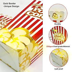 SNAIL GARDEN 30Pcs 46oz Large Capacity Popcorn Boxes, Movie Night Red/White Stripes Mixed Glod Border Decor Food Container,Disposable Paper Box,Durable Snack Bag For Hollywood Theme Birthday Party