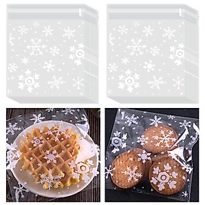 Tatuo 200 Pieces Christmas Cookie Bags Wrappers Snowflake Cellophane Treat Bags Small Holiday Clear Candy Bag Gifts Goodies Bags with Self Adhesive Seal for Gift Giving