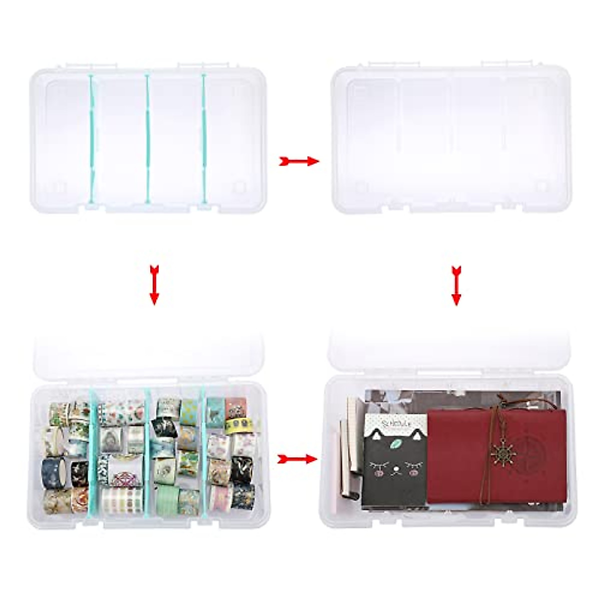BTSKY Clear Plastic Dividing Storage Box with 4 Compartments Adjustable Storage Bin with Lid Plastic Craft Storage Container Multipurpose Sewing Box Art Supply Organizer, 13.3x8.1x3.4 Inches