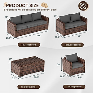 VONZOY Outdoor Patio Furniture Set, 5 Piece Patio Conversation Sets with Storage Table, Wide Armrest Outside Sectional Sofa with Waterproof Covers for Backyard, Porch, Balcony, Poolside(Grey)