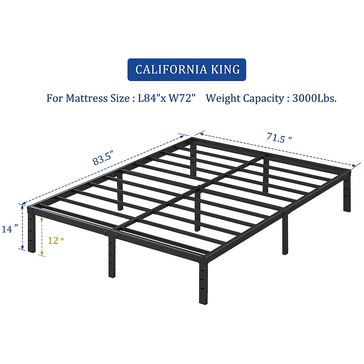 YUSENHEEI 14 Inch California King Size Bed Frame, No Box Spring Needed, Heavy Duty Metal Platform Bed Frame with Large Underbed Storage Space, Noise Free, Easy Assembly, Black
