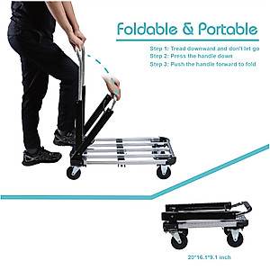 LEADALLWAY Foldable Push Cart Aluminum Alloy Platform Cart with 4-Wheel,Adjustable Length,330-LB Capacity(with 2 Ropes)