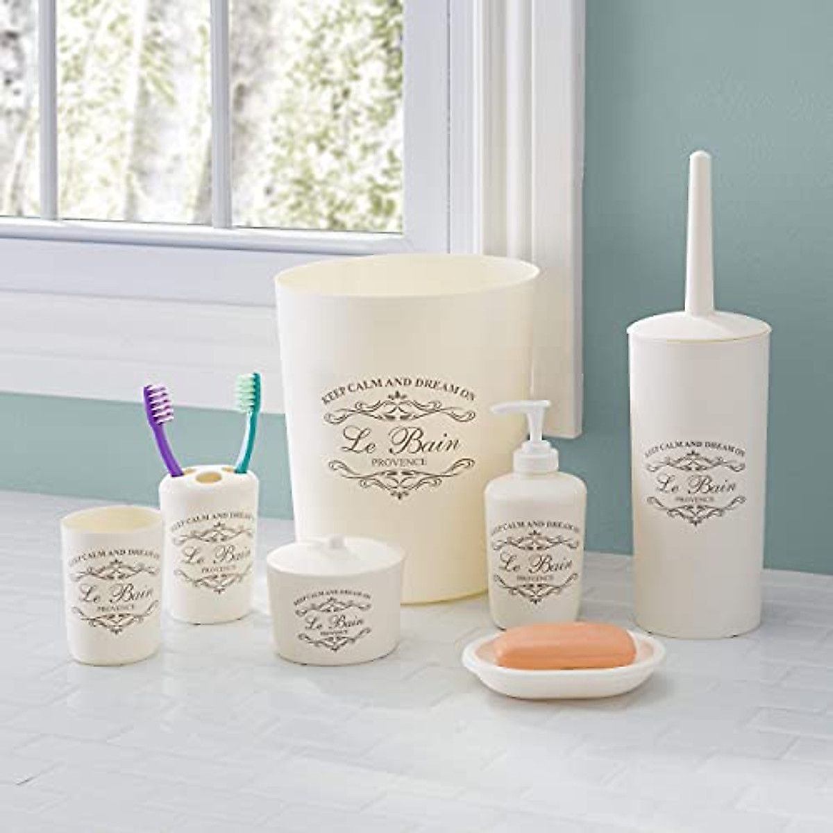 7-Piece Paris Bathroom Set (Beige), By Home Basics | Made From Plastic | Includes Tumbler, Toothbrush Holder, Soap Dish, Lotion Dispenser, Cotton Ball Holder, Toilet Brush Holder, and Wastebasket
