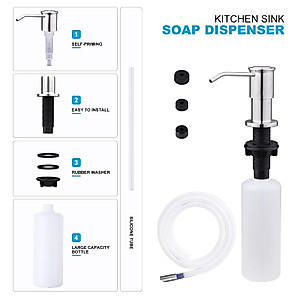 Soap Dispenser for Kitchen Sink with 304 Stainless Steel Pump Head, fit 1’’-3'' Thick Countertop, Built in Soap Pump with Continuous Extension Tube & Large Capacity Bottle in Brushed Nickel