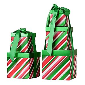 PAPER FAIR 5PCS Christmas Nesting Gift Boxes with Lid, Xmas Nested Box Set, 5 Sizes, Square Stackable, Green Red Stripe Paper Box Tower Décor with Satin Ribbon, for Holiday Thanksgiving New Year