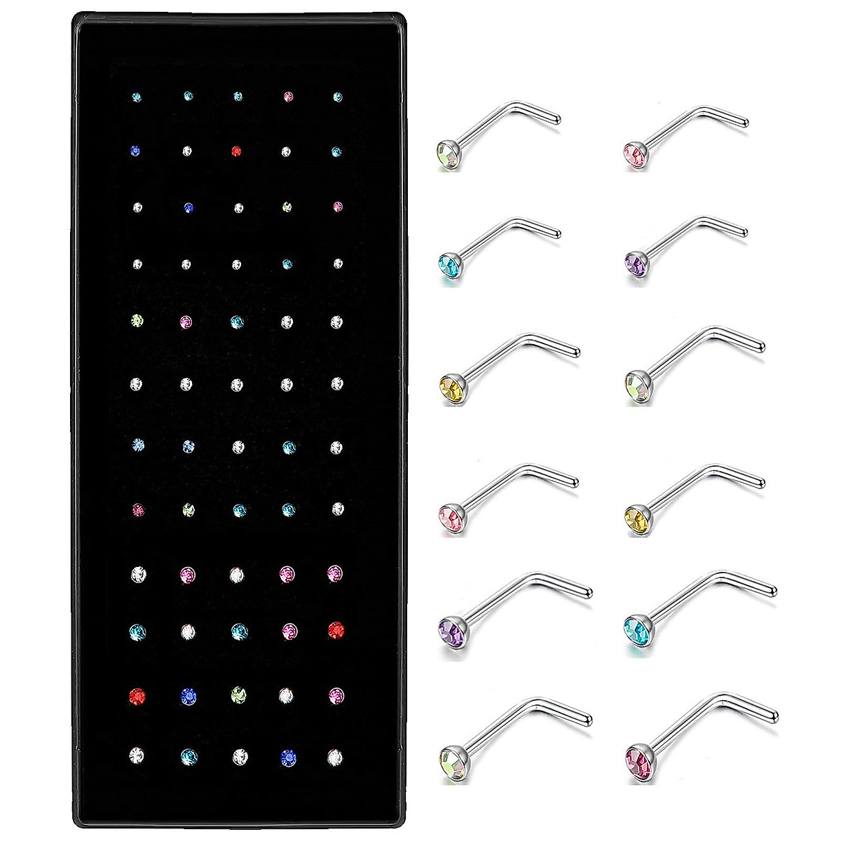 OMAIGAR Nose Rings Studs, L Shaped Surgical Stainless Steel Nose Studs Color Diamond Rhinestone Crystal, Hypoallergenic Nose Piercing Jewelry for Women Men and Ideal Gift