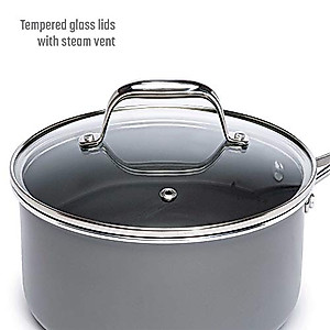 Goodful Ceramic Nonstick Pots and Pans Set, Titanium-Reinforced Premium Nonstick Coating, Dishwasher Safe Pots and Pans, Tempered Glass Steam Vented Lids, Stainless Steel Handles, 12-Piece, Gray