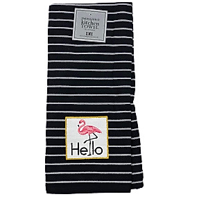 Generic Design Imports Embellished Flamingo Pink and Black Striped Kitchen Dishtowels Set of 2 18 inches x 28 inches Hello and Chillax, Pink Black