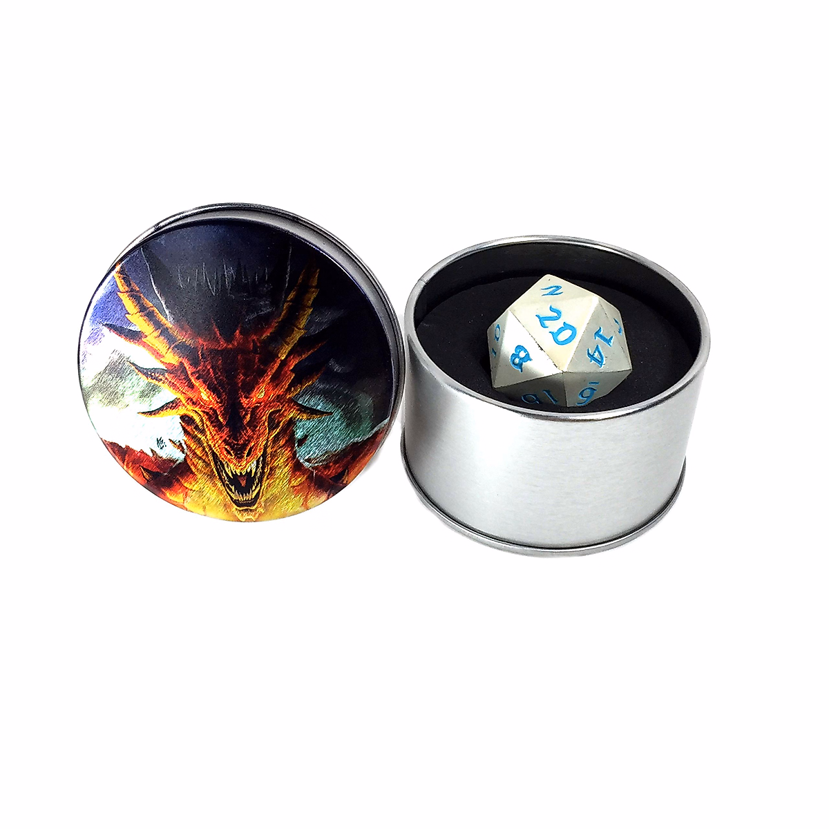 Druid Forge 35mm d20 Dragon Egg dice - Moonlight Blue - Brushed Silver with Bright Blue Numbers