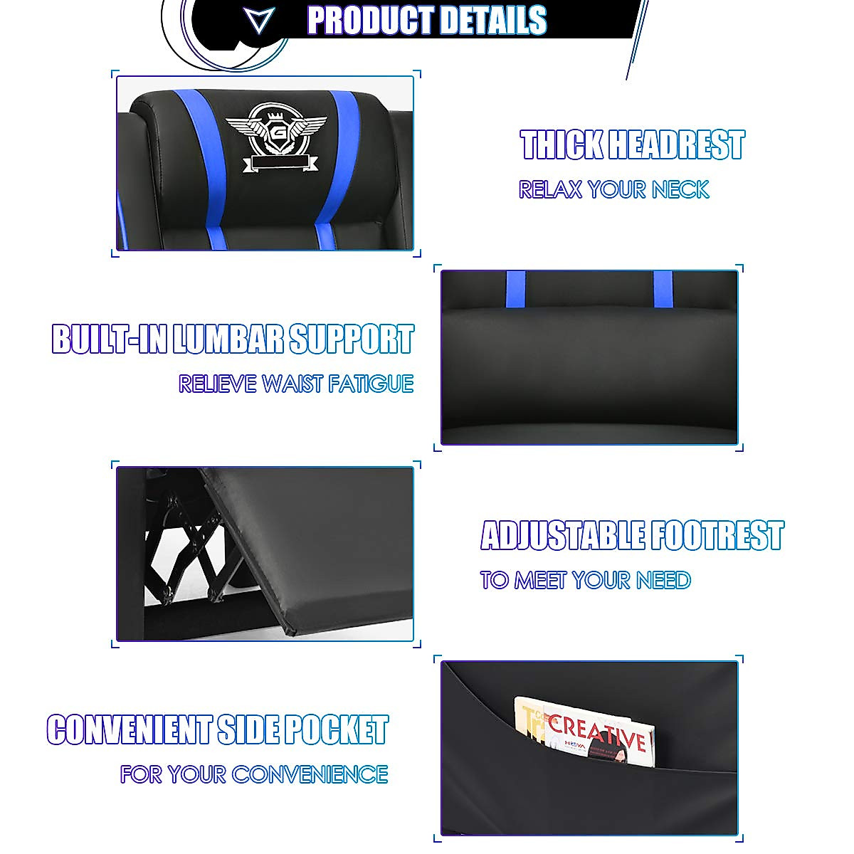 Giantex Gaming Recliner Chair, Racing Style Single Recliner Sofa w/Massage, Adjustable PU Leather Video Game Chair Home Theater Seat for Living Room Game & Recreation Room (Blue)