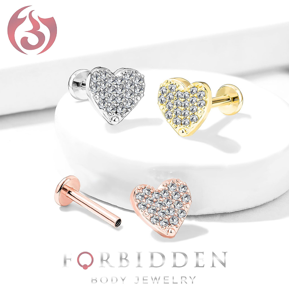 Forbidden Body Jewelry 16g 6mm Internally Threaded Cartilage/Tragus/Labret/Monroe Stud w/CZ Heart Top, 14k Gold Plated