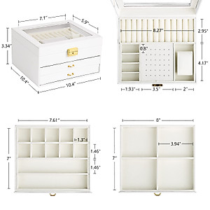 SIMBOOM Jewelry Boxes for Women with Glass Lid Top 3-Layer Jewelry Organizer Box 2 Drawers with Lock&Key for Earring Ring Necklace Bracelet Watch Christmas Valentin’s Day Gift Present for Her Wrapped in Box