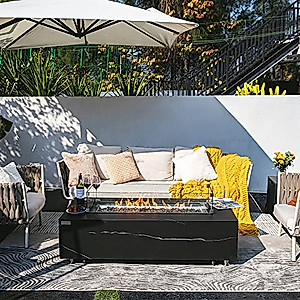 Varna Marble Fire Pit 59.8" x 28" Outdoor Patio Firepit Includes Fire Glass Modern Fire Pits & Outdoor Fireplaces for Garden, Deck, Indoor & Outdoor Heating