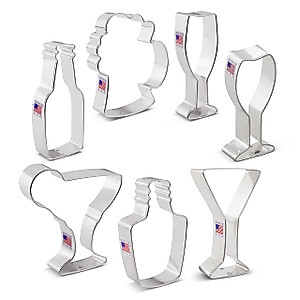 Cocktail Party Cookie Cutters 7-Pc. Set Made in the USA by Ann Clark, Beer Bottle, Beer Mug, Martini Glass, Wine Glass and More