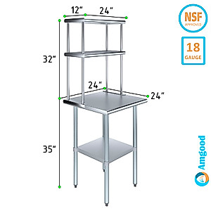 AmGood 24" x 24" Stainless Steel Work Table with 12" Wide Double Tier Overshelf | Metal Kitchen Prep Table & Shelving Combo