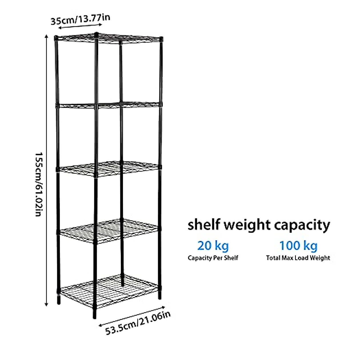 LEEJAY 5 Tier Black Wire Shelving Unit, Heavy-Duty Standing Storage Metal Shelf Rack for Bathroom Kitchen,Garage 20.87" W*13.78" D*61.02" H