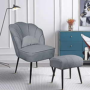 Velvet Accent Chair, Velvet Chairs Shell Sofa Chair With Footstool Ottoman, Modern Leisure Chair With Black Metal Legs & Golden Leg Base, Upholstered Chair for Living Room/Bedroom/Office, Dark Grey