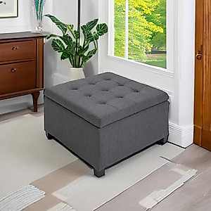 HOMCOM Fabric Tufted Storage Ottoman with Flip Top Seat Lid, Metal Hinge and Stable Eucalyptus Wood Frame for Living Room, Entryway, or Bedroom, Gray