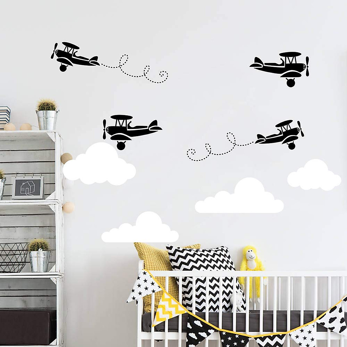 JUEKUI Airplane Wall Sticker Aircraft with Clouds Wall Decal for Baby Boys Bedroom Decoration Fighter Airplane Wall Decor WS65 (Black and White)