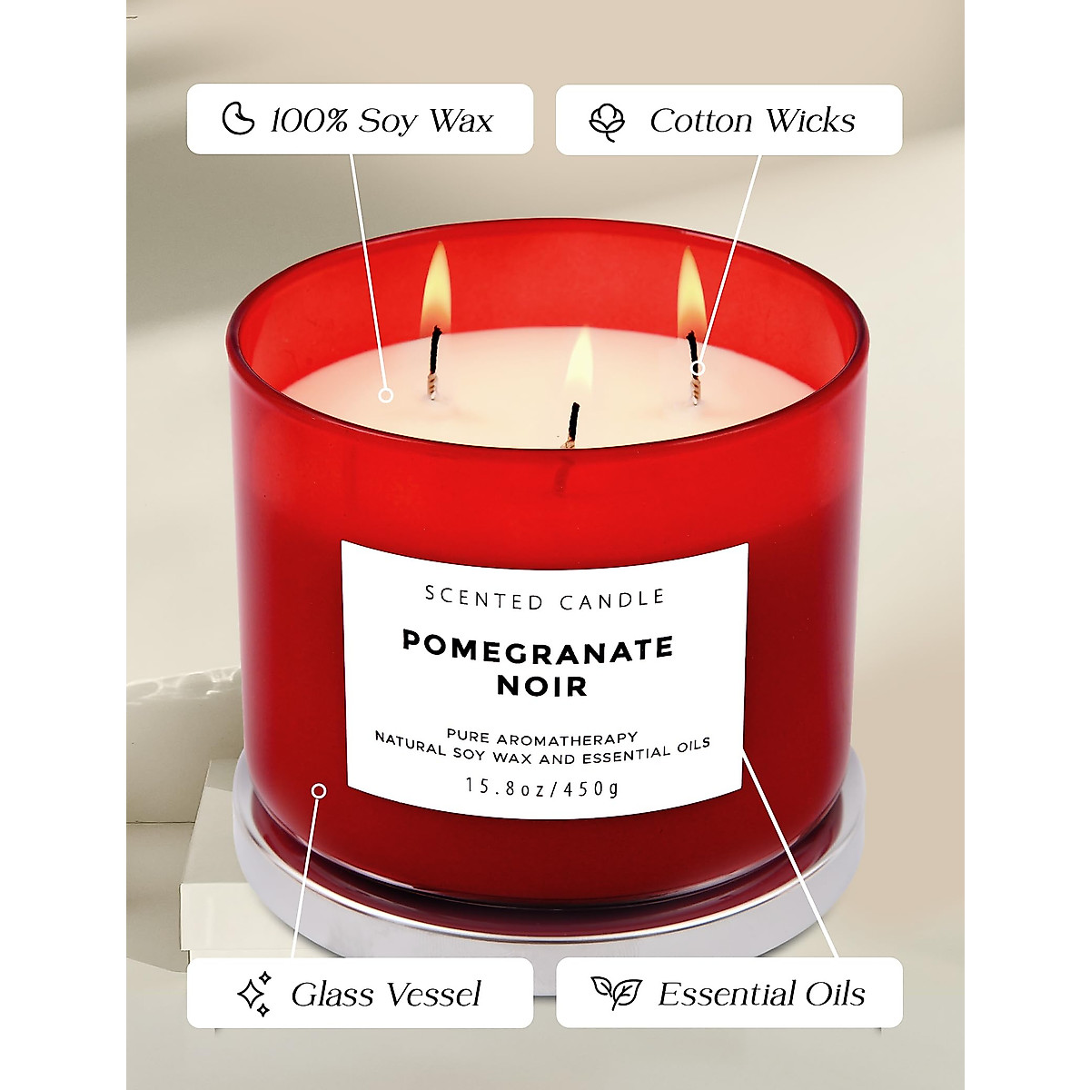 Pomegranate Noir 3-Wick Scented Candle with Strawberry & Vanilla | Highly Scented Natural Soy Candle for Home & Office | Aromatherapy Stress Relief Candle | Luxury Winter Gift Candle for Women & Men