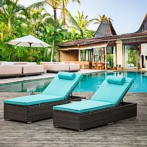 Outdoor PE Wicker Chaise Lounge - 2 Piece Patio Brown Rattan Reclining Chair Furniture Set Beach Pool Adjustable Backrest Recliners with Side Table and Comfort Head Pillow (White+Brown + Rattan)
