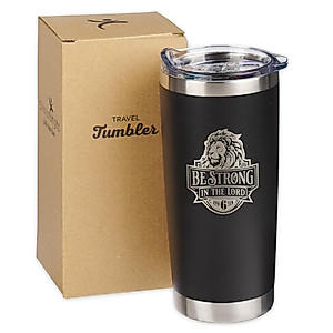 Christian Art Gifts Large Travel Tumbler for Men & Women Stainless Steel Vacuum Insulated Inspirational Scripture: Be Strong Engraved Lion, Retractable Lid, Black, 18 oz.