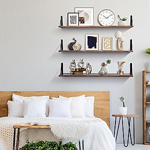 AZSKY Floating Shelves 48 Inch Set of 3 Solid Wood Book Shelves with Black Brackets, Photo & Picture Ledge Shelves for Bedroom, Living Room, Bathroom, Kitchen, Office (Deep Walnut)