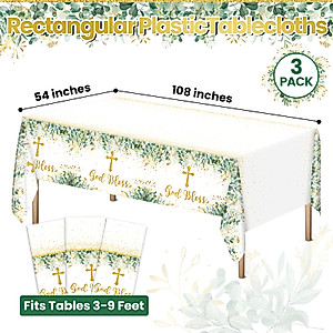 3Pcs God Bless Baptism Tablecloth First Communion Holy Tablecloth Decorations Mi Bautizo Christening Table Cover Disposable Tablecloths for Boys Girls Newborn Baby Shower Party Supplies 54 x 108 inch