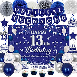 13th Birthday Decorations for Boys Girls, Blue Silver Official Teenager Party Decorations, Happy 13th Birthday Backdrop, Banner, Balloons, Pompoms, Hanging Swirls, Birthday Card, Cake Topper Set 54pcs