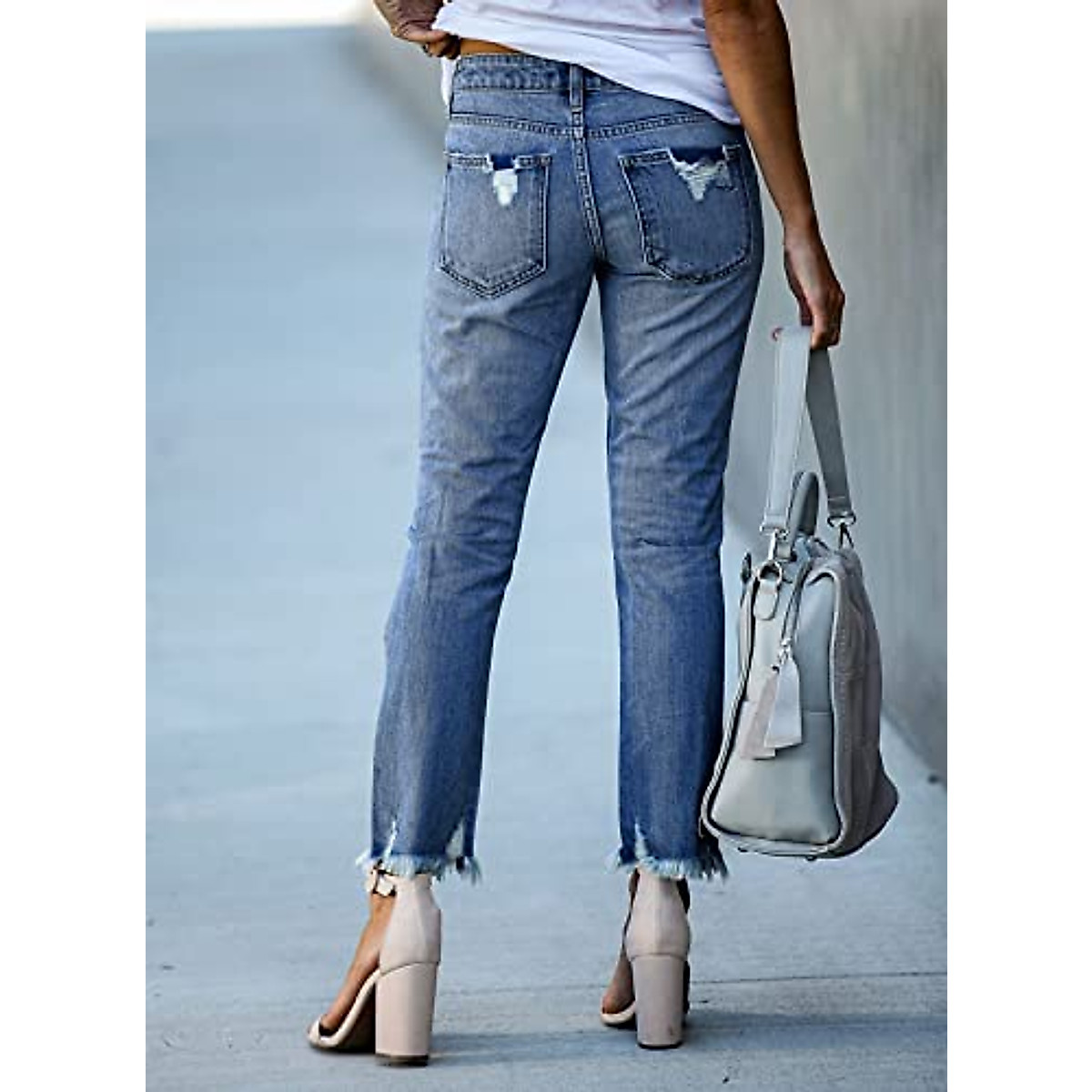 EVALESS Women Destroyed Raw Hem Straight Leg Skinny Jeans Ripped Hole Boyfriend Denim Pants Blue 10