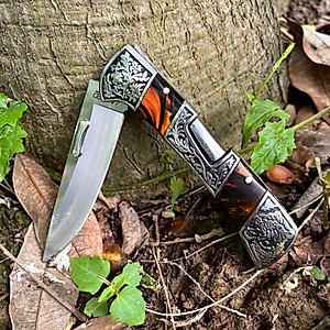 LANFED Pocket knife for Men, 3.5 inch Folding Knife with Back Lock, Engraved Unique Resin Handle, Cool Knives for Fishing, Hunting, Camping Gifts for Men