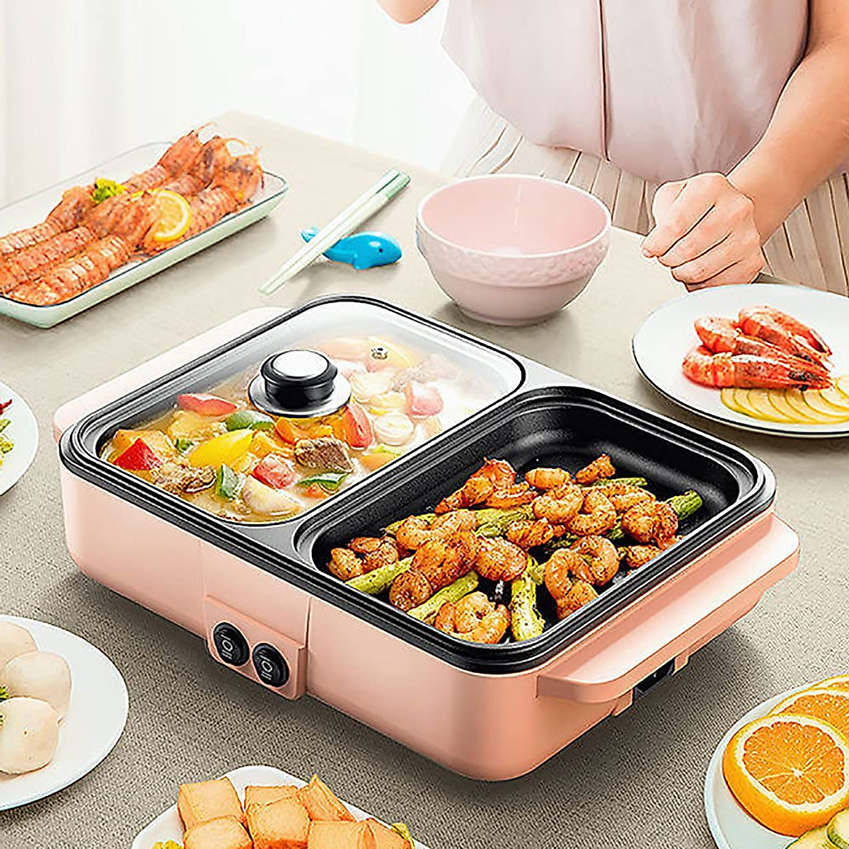 Mini Electric Grill and Hot Pot, 2 in 1 Portable Electric Hot Pot Barbecue Grill Non-Stick Teppanyaki Pan 110V Multifunction Nonstick Griddle & Hot Pot for Steak, Shabu, BBQ - Pink (Pink)
