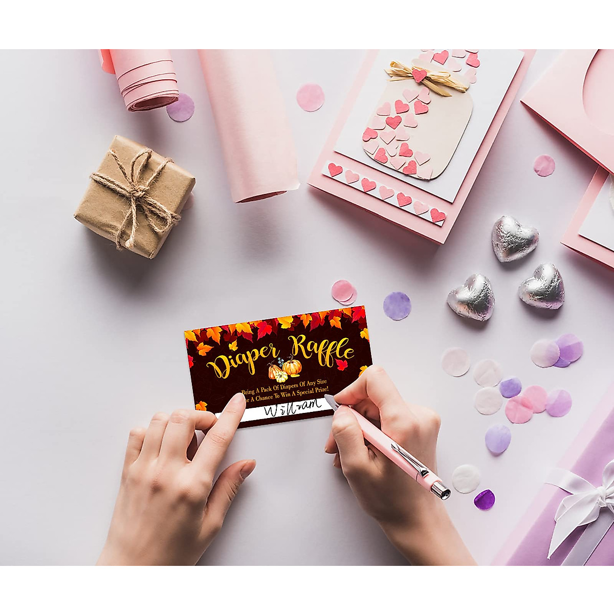 XJF 50 Pack Diaper Raffle Tickets 2*3.5inch Baby Shower Invitations Cards Maple Leaves Baby Shower Cards for Girl or Boy Baby Shower Game Bring a Pack of Diapers to Win Favors Yellow BS-CJK-NG-1