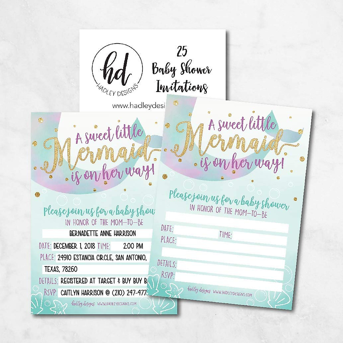 25 Mermaid Baby Shower Invitations, Sprinkle Invite for Girl, Under The Sea Nautical On Her Way, Cute Gold Printed Fill or Write in Blank Printable Card, Unique Modern Coed Twin Party Paper Supplies