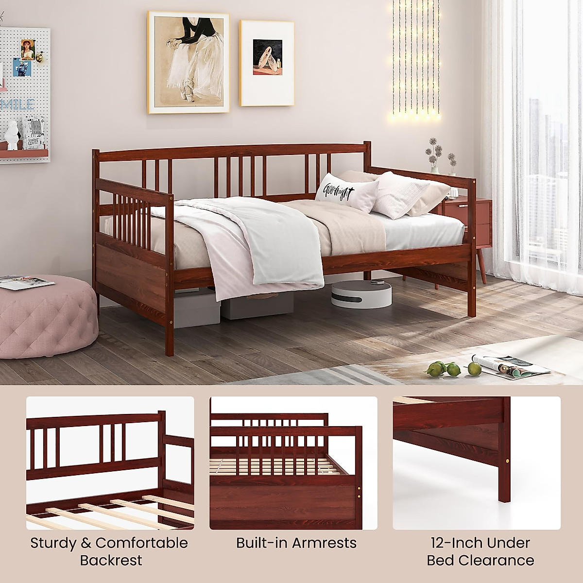 Giantex Twin Daybed Frame, Wooden Sofa Bed Guest Bed with Rails & Wood Slat Support, Dual-use Twin Size Platform Bed Frame for Living Room Bedroom, No Box Spring Needed, Cherry