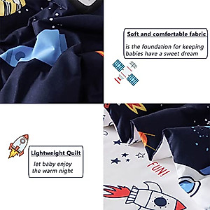 PERFEMET 4 Pcs Toddler Bedding Dark Blue Outer Space Printed Toddler Bed Set with Kids Sheets Reversible Planet Rocket Pattern Bed in a Bag(Dark Blue, Planet/Rocket)
