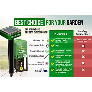 YARDEC Gopher Repellent Ultrasonic Solar Powered (8-Pack) - Easy To Use Solar Mole Repellent Ultrasonic With an Auger Drill Bit - IP65 Waterproof Sonic Repeller Stakes For Groundhog, Vole, Snake, etc.